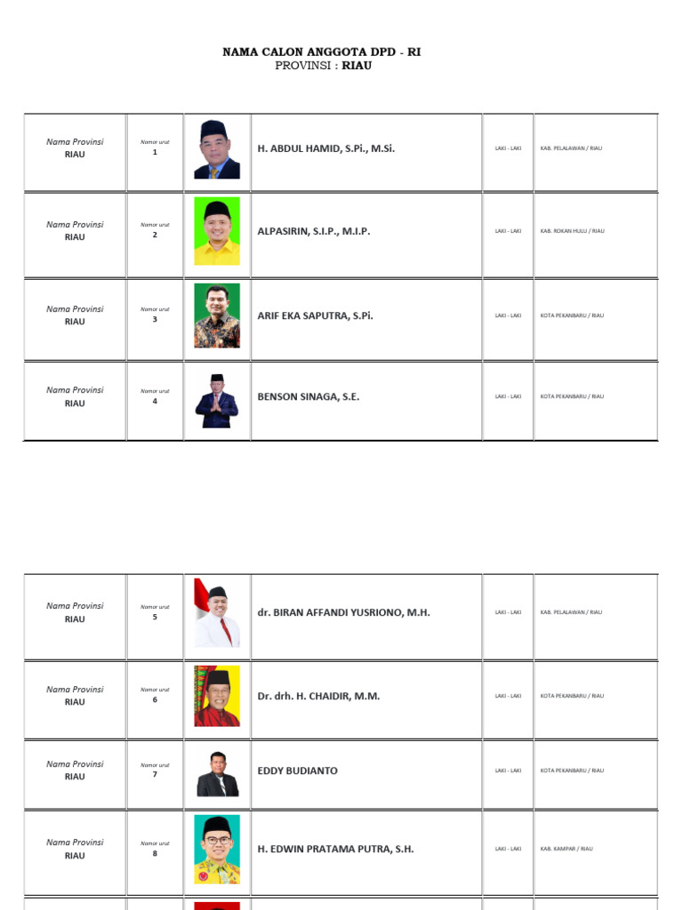 Calon Anggota DPD RI Provinsi Riau Pemilu Tahun 2024 | PDF