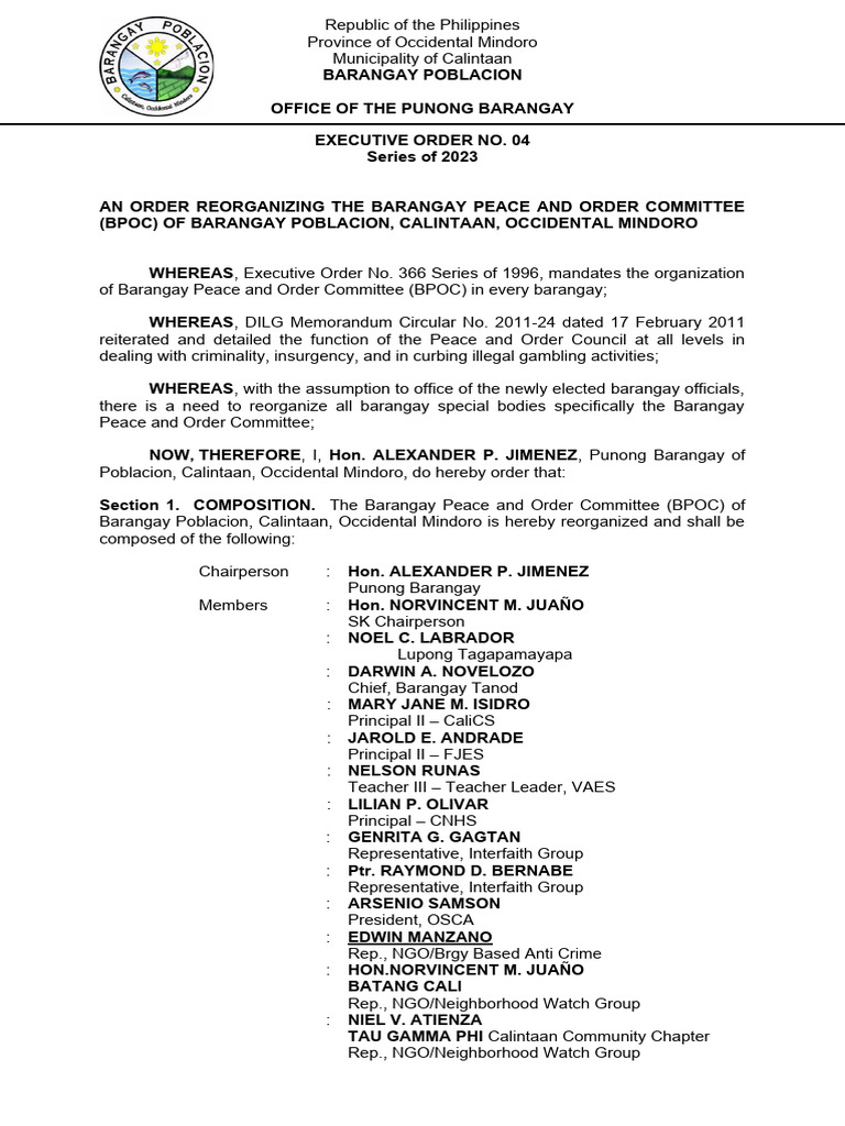 Eo #4. Barangay Peace and Order Council | PDF | Public Law | Justice