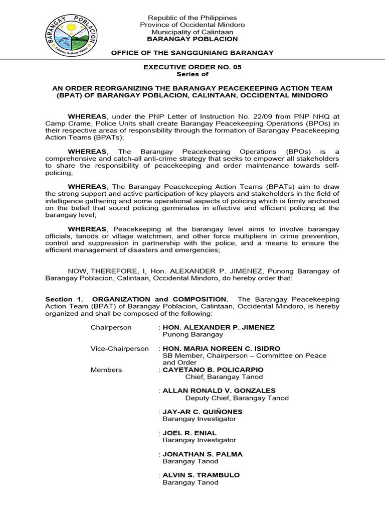 EO #5. BARANGAY PEACEKEEPING ACTION TEAM | PDF | Securities | National ...
