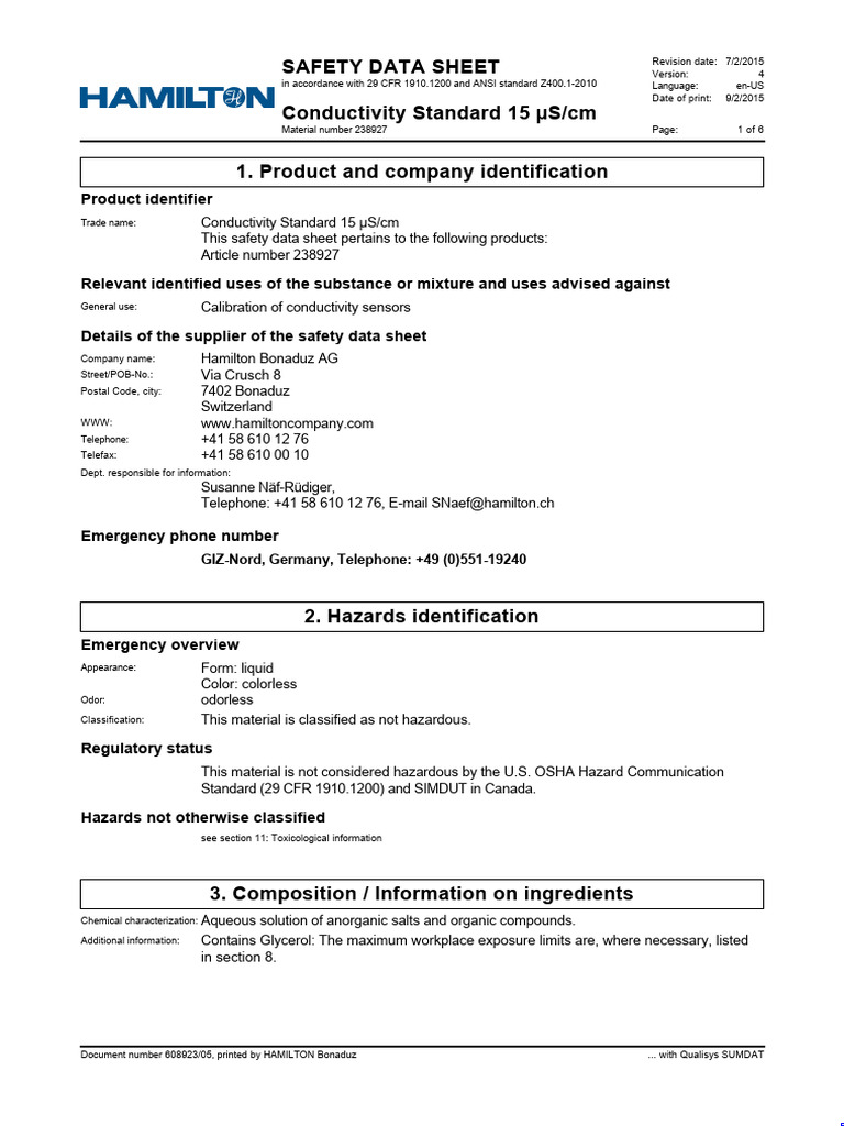 SDS Conductivity Standard 15 μScm MSDS US | PDF | Water | Personal ...