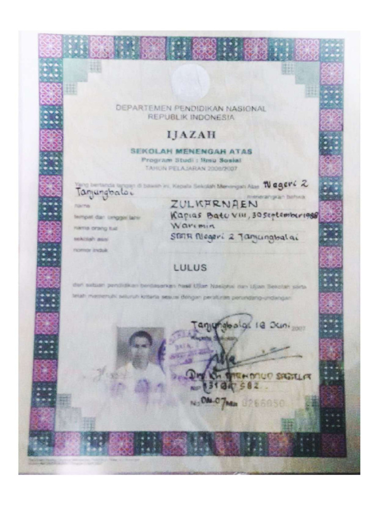 Zulkarnain Ijazah Depan | PDF
