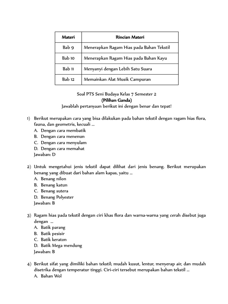 Soal PTS Seni Budaya Kelas 7 Semester 2 | PDF