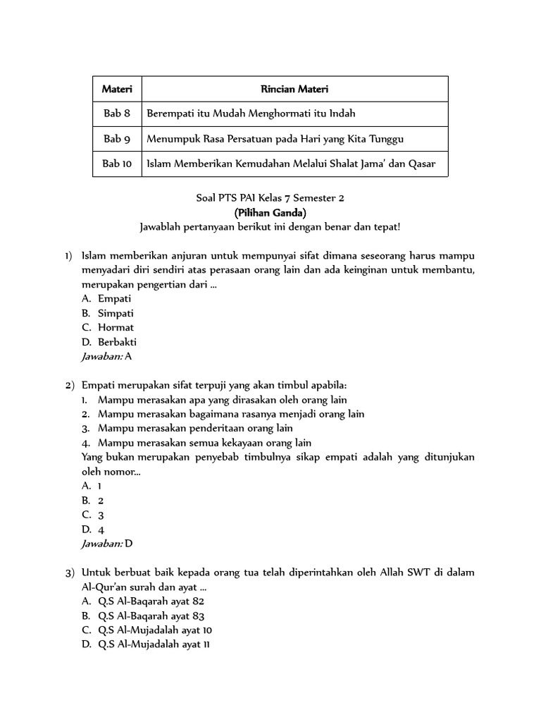 Soal PTS PAI Kelas 7 Semester 2 | PDF