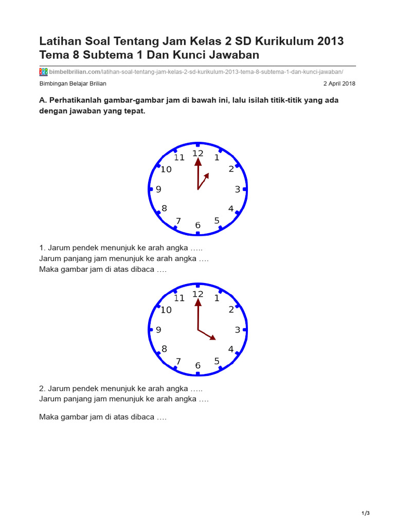 Latihan Soal Tentang Jam Kelas 2 SD Kurikulum 2013 Tema 8 Subtema 1 Dan ...
