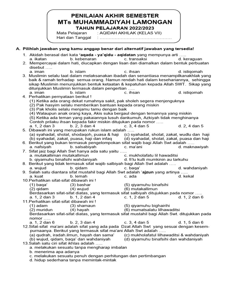 Soal Aqidah Kls 7 Mts | PDF