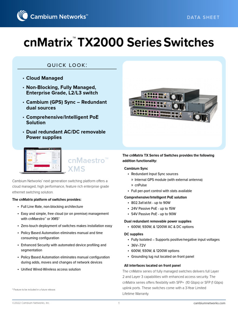 Cambium Networks Data Sheet Cnmatrix TX2000 Series | PDF | Network Switch | Internet Protocols