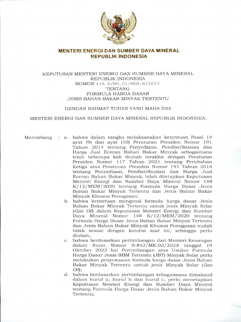 2023 - Kepmen ESDM 439.K 2023 Formula JBT | PDF