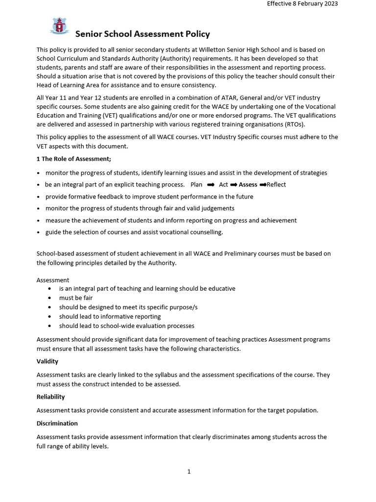Senior School Assessment Policy 2023 Effective 8 February 2023 | PDF ...