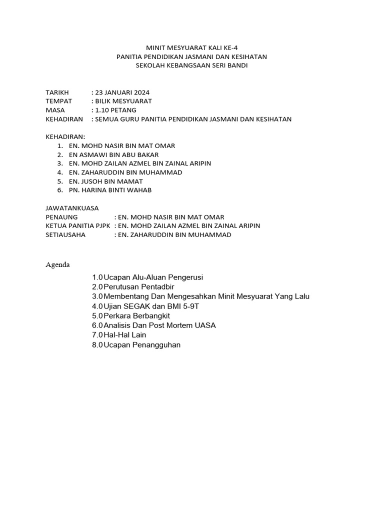 Minit Mesyuarat Panitia PJPK Bil. 4 2023 | PDF
