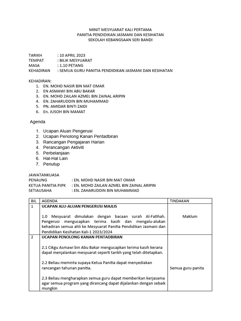 Minit Mesyuarat Panitia PJPK Bil. 1 2023 | PDF