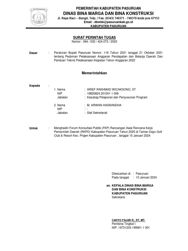 Surat Tugas Absen THL 15 JANUARI 2024 | PDF