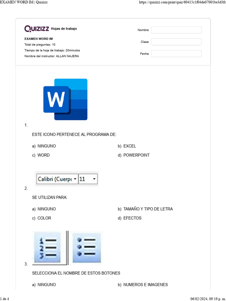 EXAMEN WORD IM Quizizz | PDF | Microsoft Word | Software