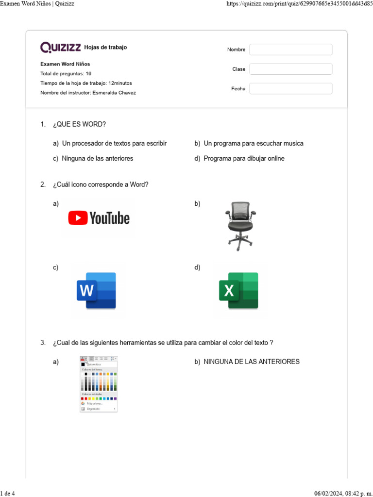 Examen Word Niños Quizizz | PDF