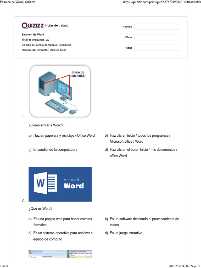 Examen de Word Quizizz1 | PDF | Microsoft Word | Microsoft Office