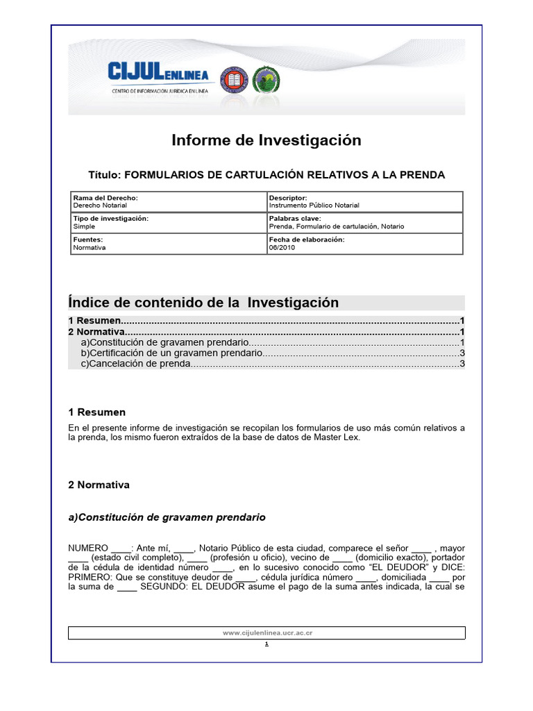 Formularios de Cartulacion Relativos A La Prenda | Descargar gratis PDF ...