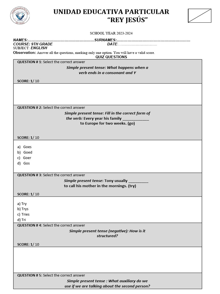 Quiz 9th GRADE | PDF | Question | Language Families