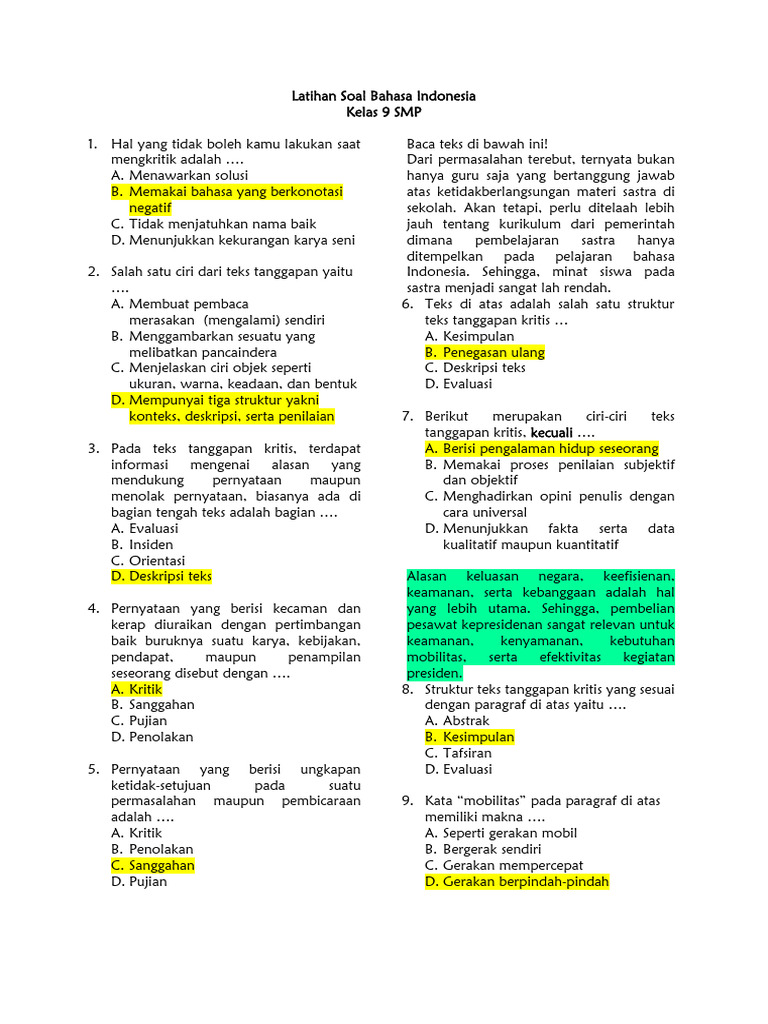 Latihan Soal Bahasa Indonesia - Kelas 9 SMP - Remed | PDF