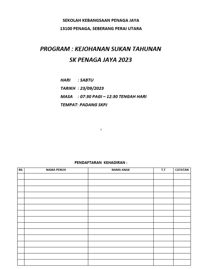 BORANG PENDAFTARAN Temasya Sukan Tahunan SKPJ NEW | PDF