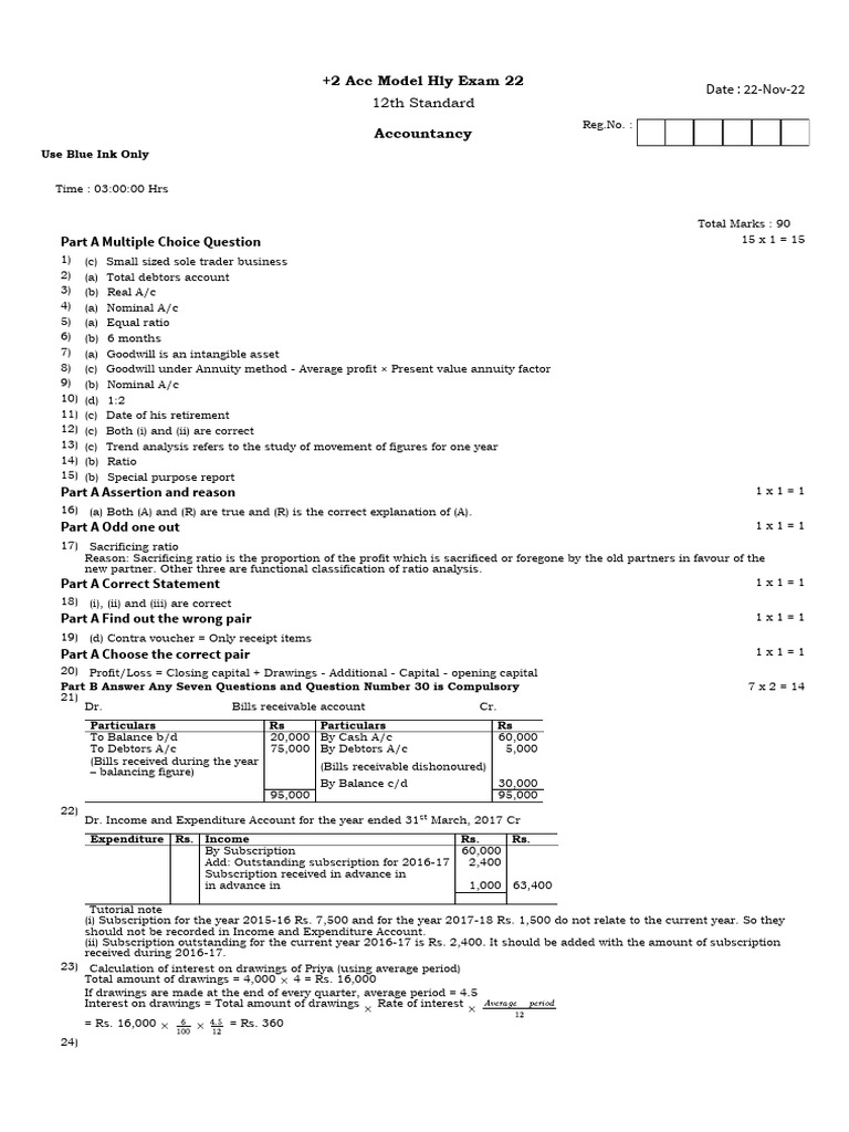 +2 Acc Model Hly Ans (EM) 2022 | PDF | Debits And Credits | Expense