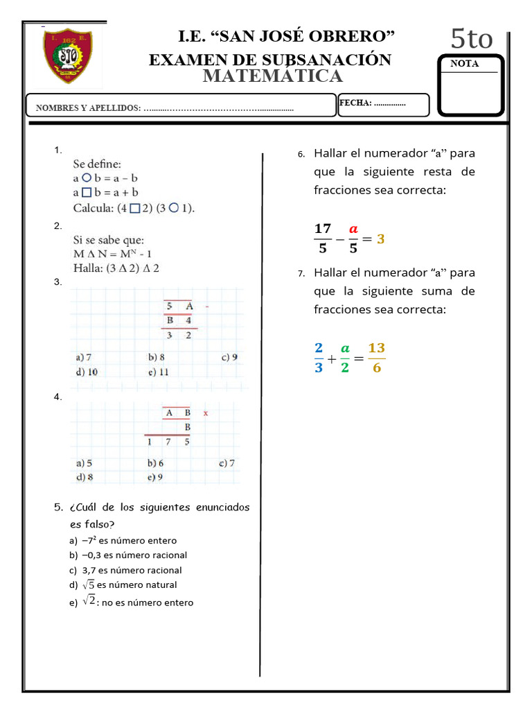 Examen de Matemáticas 5to Grado | PDF
