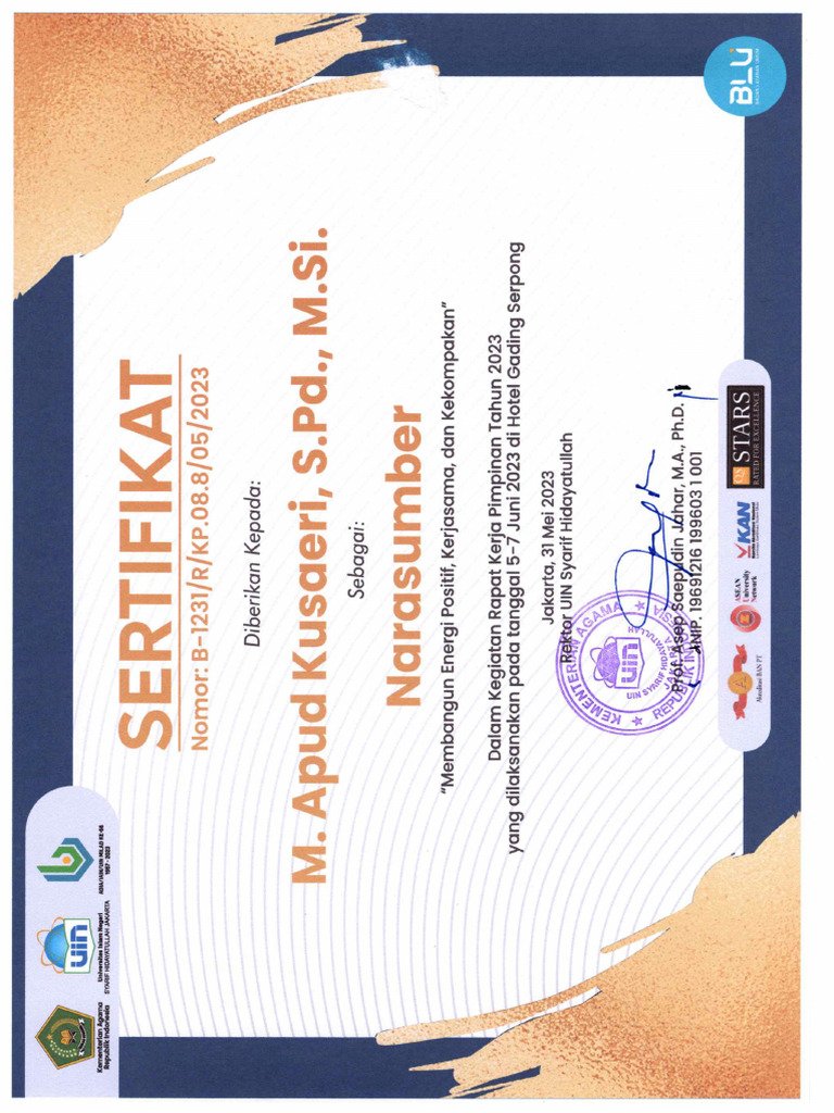 SERTIFIKAT M.Apud Kusaeri, S.Pd.,M.SI | PDF