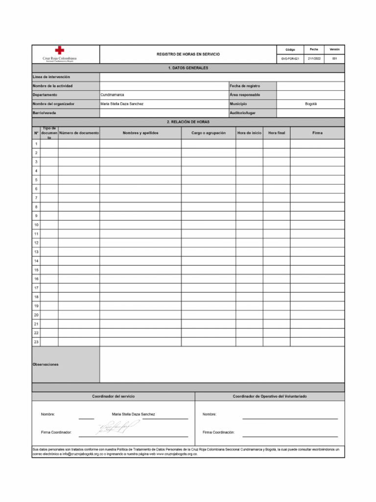 1.GVO-For-021 Registro de Horas en Servicio | PDF
