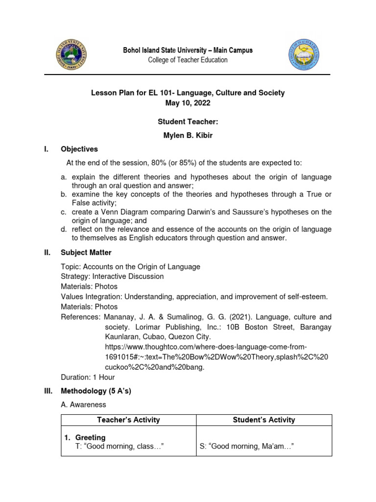 El 101 Lesson Plan Kibir Mylen B. | PDF | Multilingualism | Theory