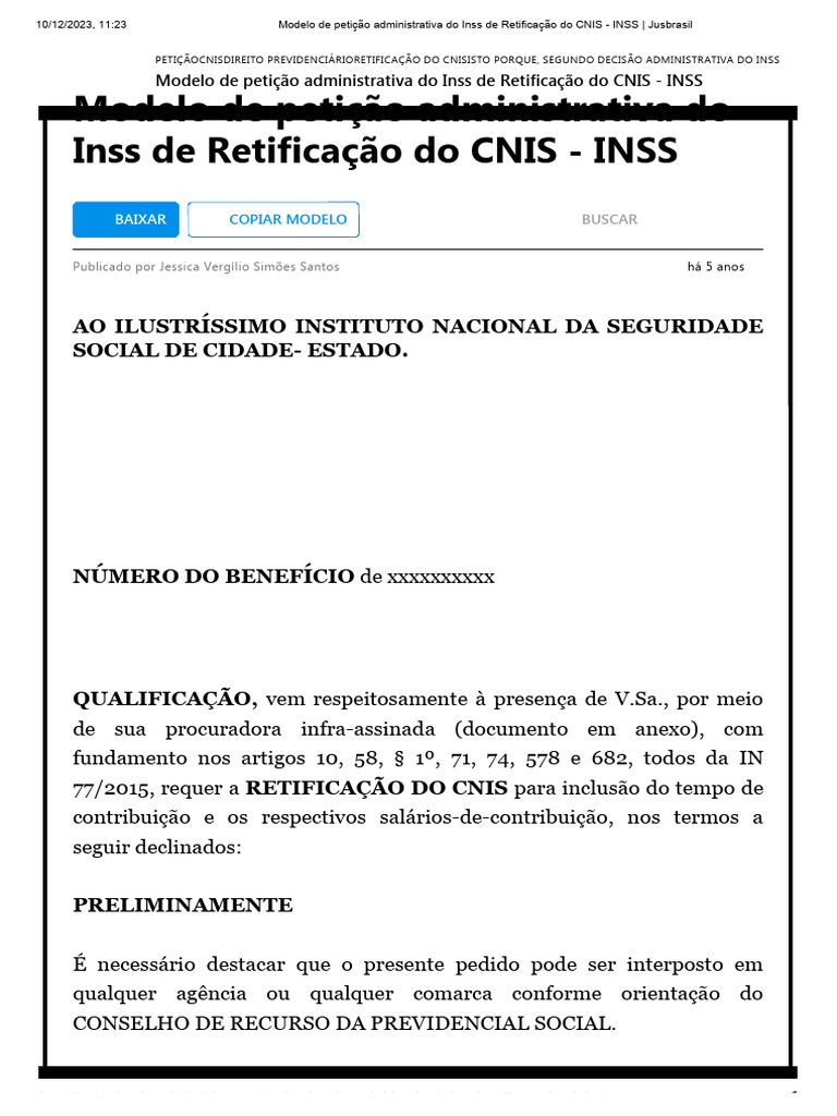 Modelo de Petição Administrativa Do Inss de Retificação Do CNIS - INSS ...