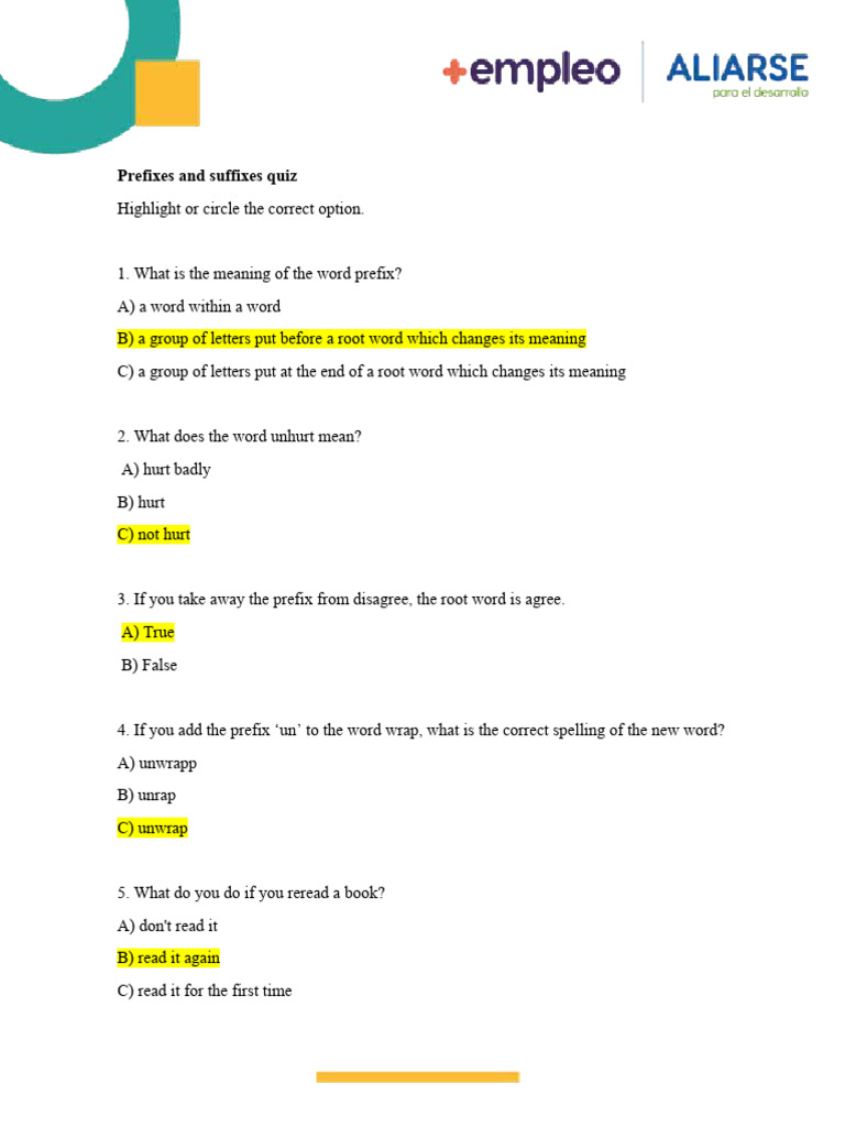 Prefixes and Suffixes Quiz | PDF