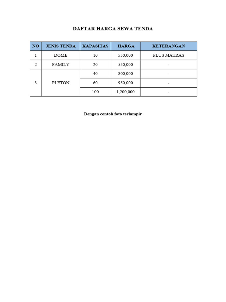 Daftar Harga Sewa Tenda 2023 | PDF