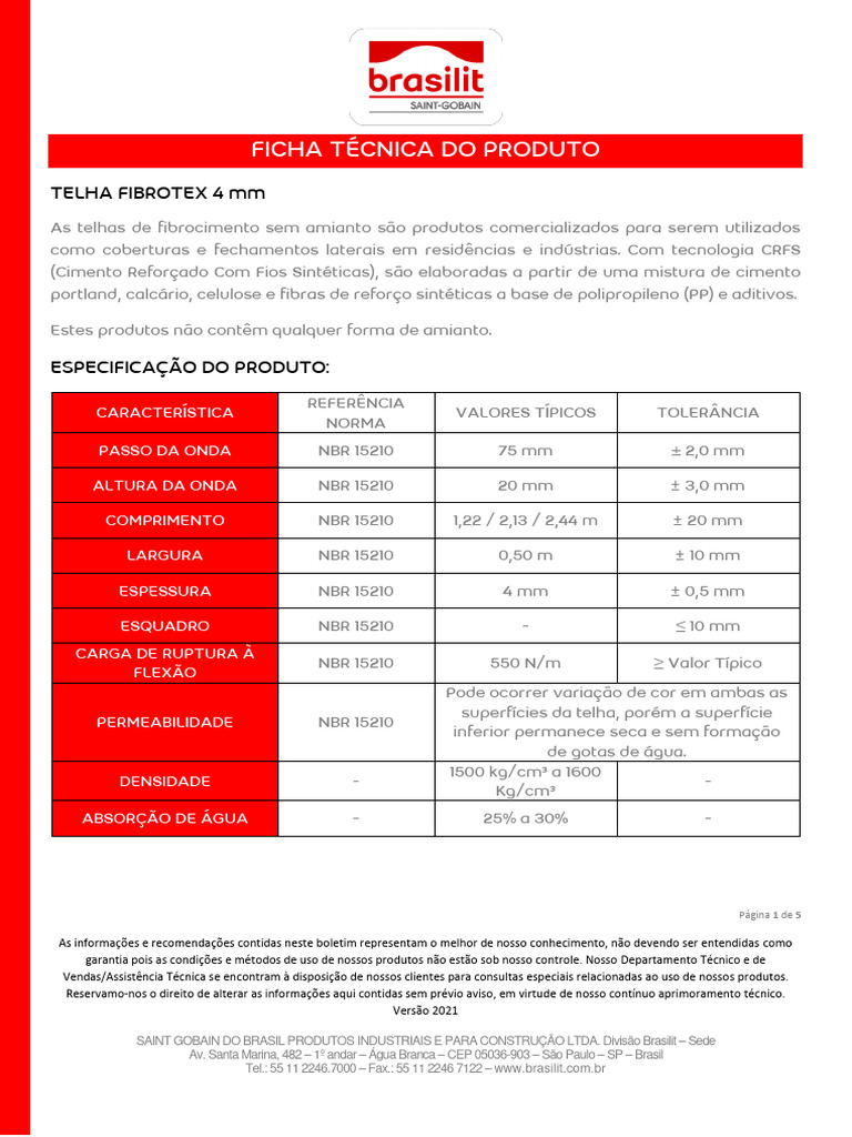 Ficha Técnica - Fibrotex 4mm | Download grátis PDF | Amianto | Materiais