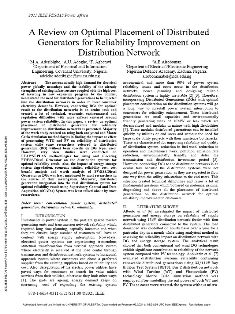 A Review On Optimal Placement Of Distributed Generators For Reliability Improvement On