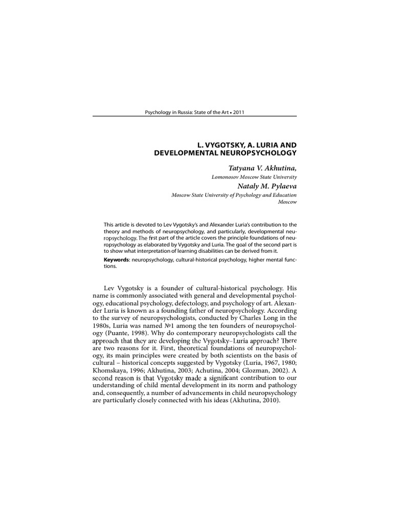 Vygotsky Luria and Developmental Neuropsychology | PDF