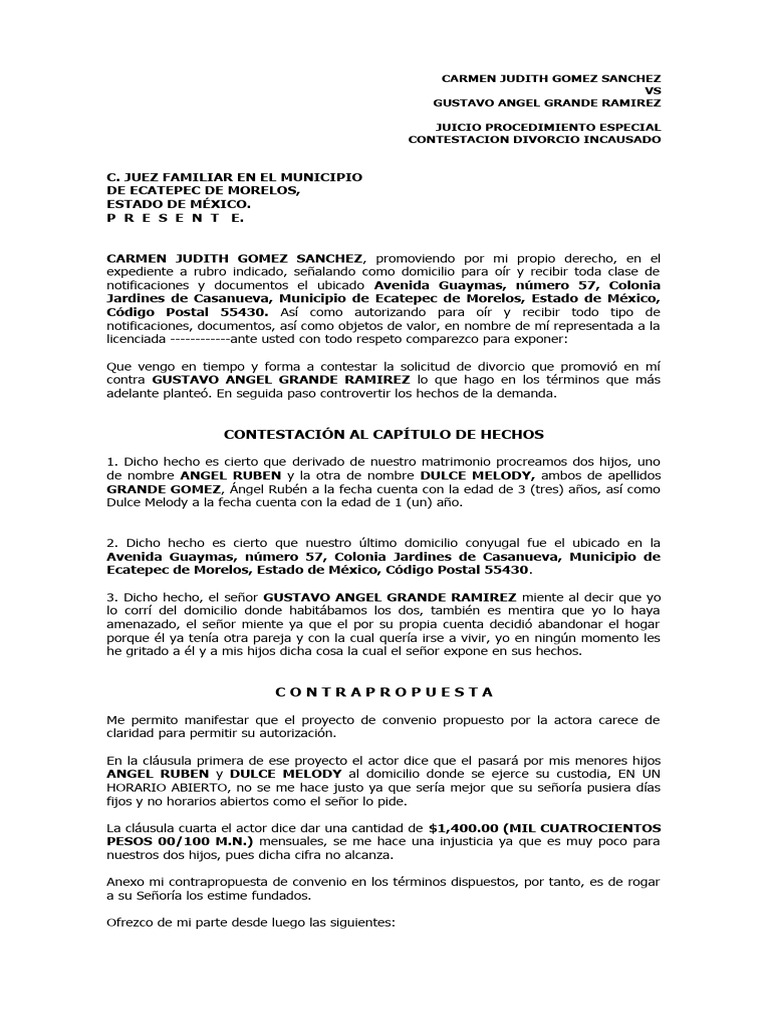 Contestación A Demanda De Divorcio Incausado Pdf Demanda Judicial