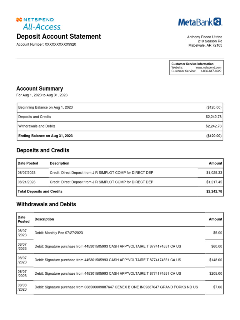 美国metabank账单 | PDF | Debit Card | Debits And Credits