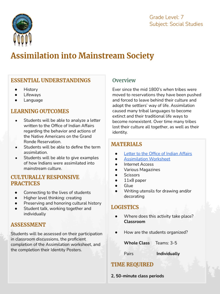 Assimilation Lesson Plan | Download Free PDF | Cultural Assimilation ...