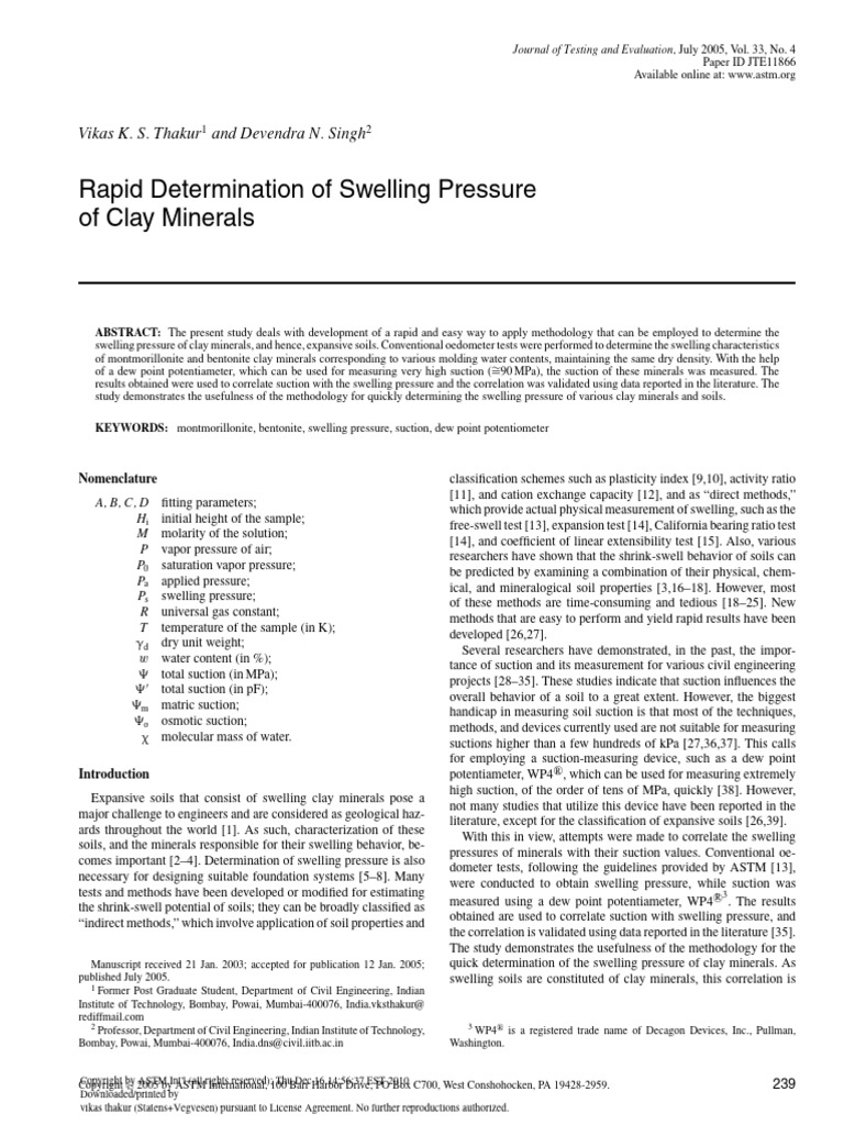 Rapid Determination of Swell Pressure | PDF | Soil | Clay