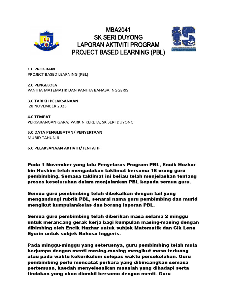 Terkini Laporan Aktiviti PBL Tahun 6 2023 | PDF