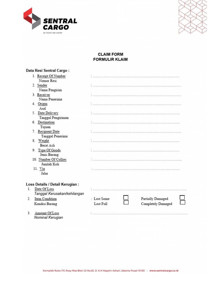 Form Claim Sentral Cargo - Word | Download Free PDF | Freight Transport