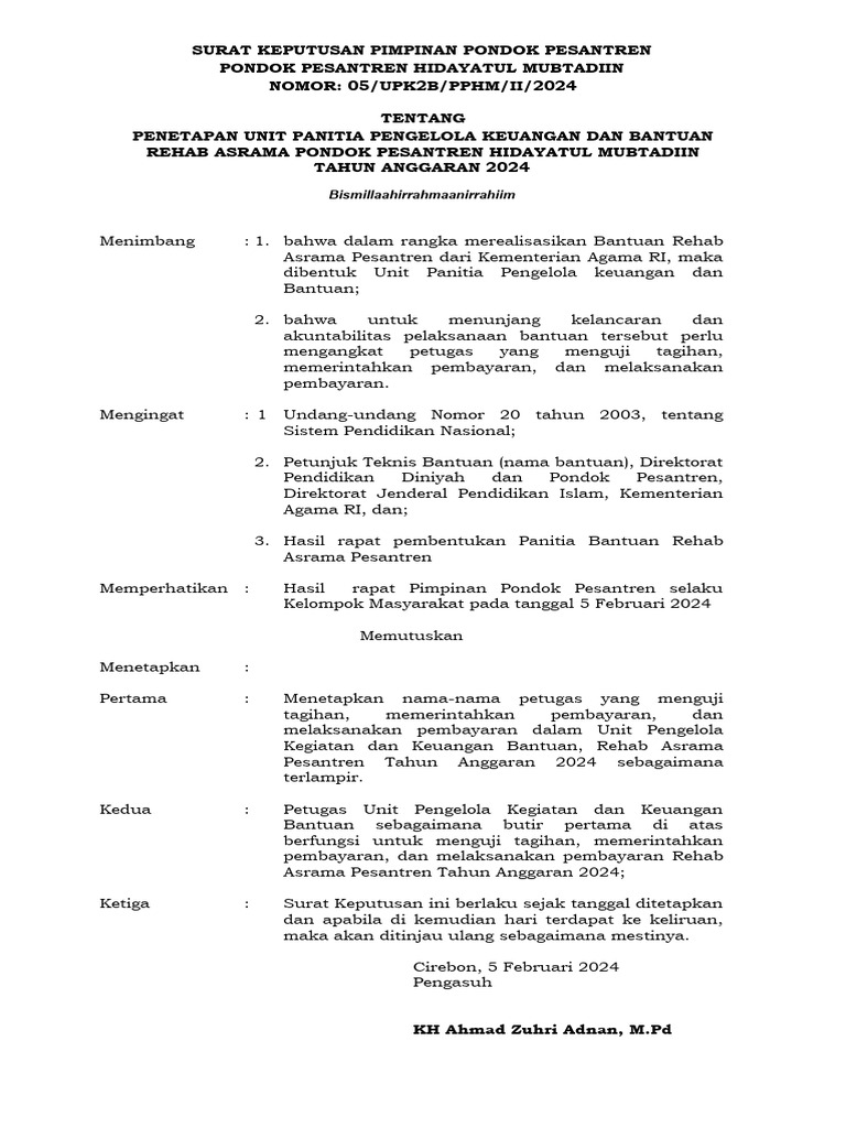 Contoh UPK2B Pesantren | PDF