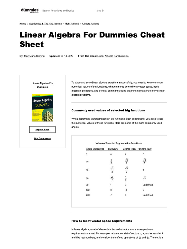 Linear Algebra For Dummies Cheat Sheet | PDF