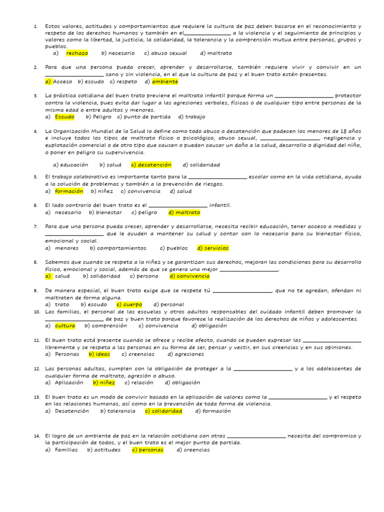 Cuestionario Cultura de Paz 14 Preguntas Con Respuesta | PDF | Abuso ...