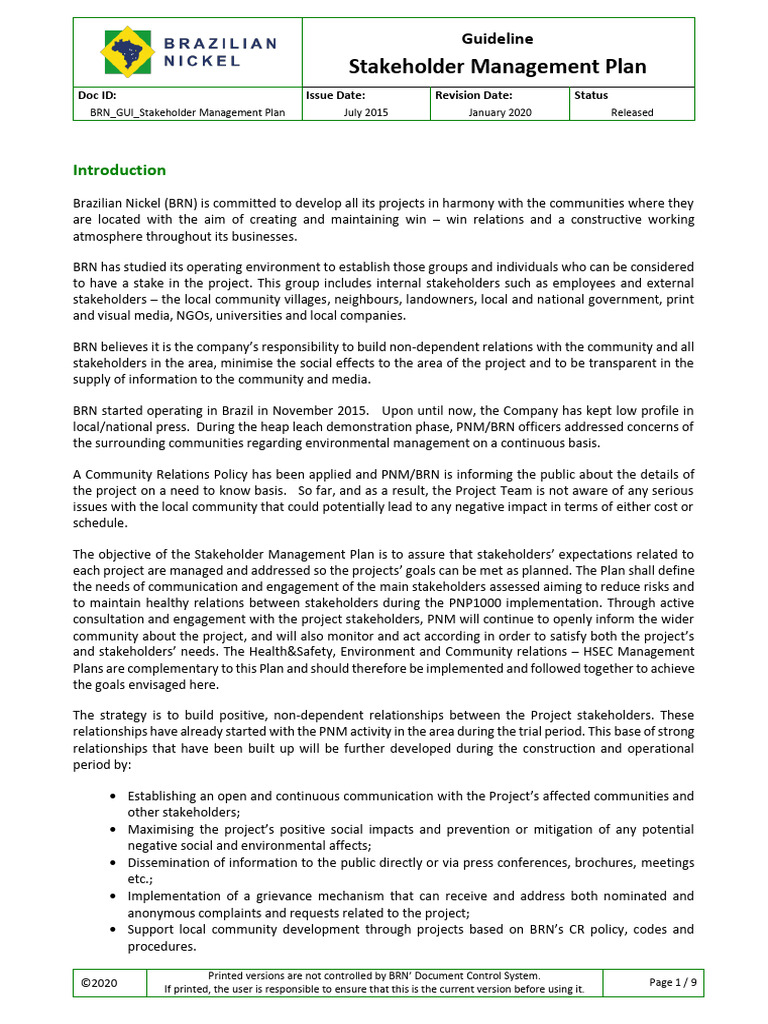 08 Stakeholder Management Plan Guideline | PDF | Communication ...