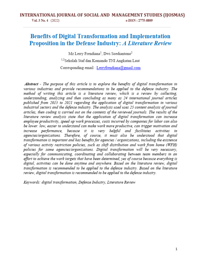 Benefits of Digital Transformation and Implementation Proposition in ...