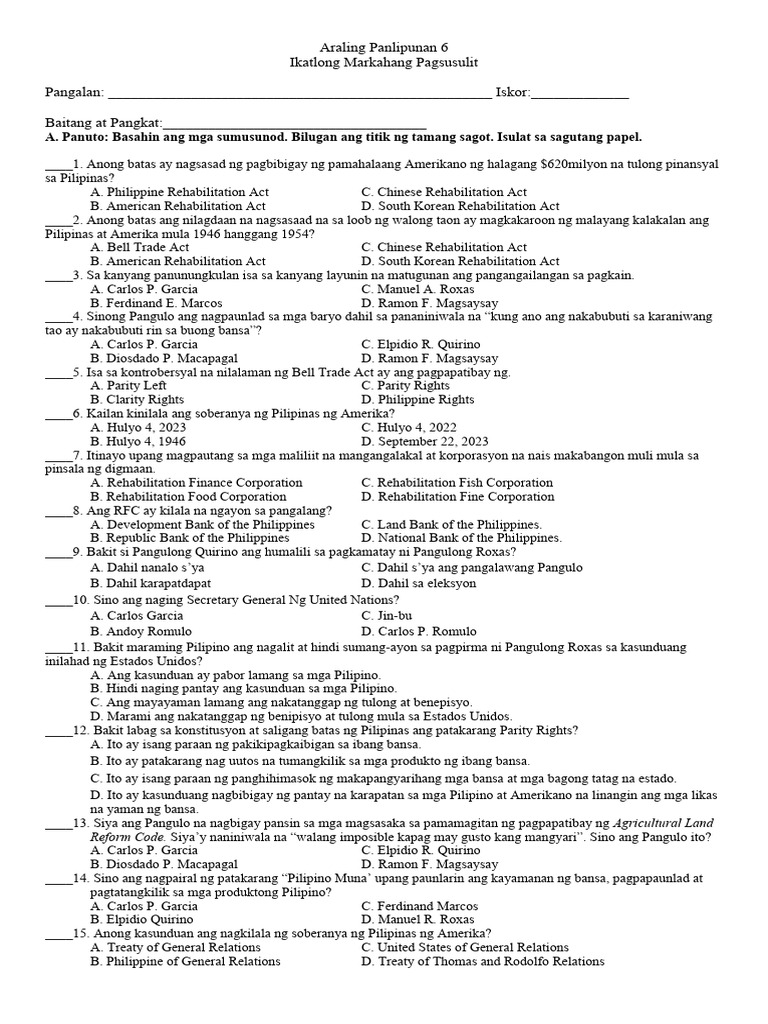 Araling Panlipunan 6 Ikatlong Markahan | PDF