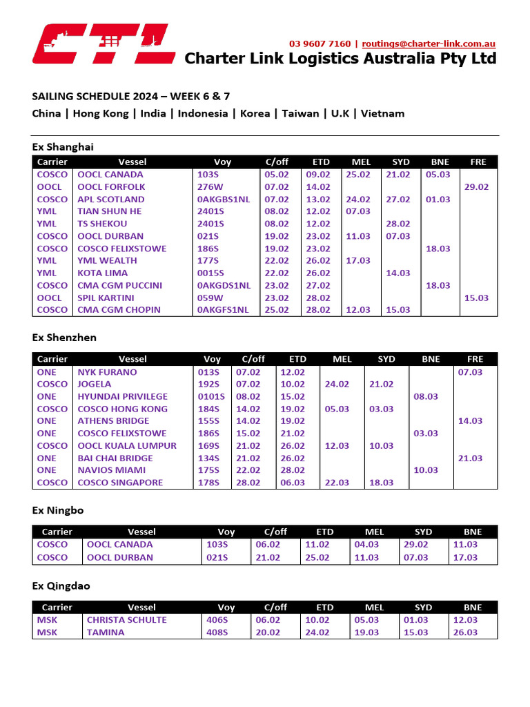 CTL Sailing Schedule 2024 - Week 6 & 7 | PDF | Freight Transport | Transport Companies