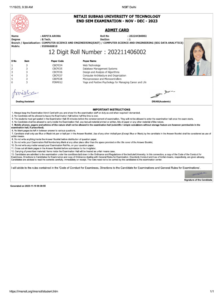 Admit Card End Sem | PDF