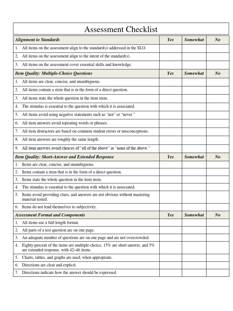 Standard Assessment Checklist | PDF | Multiple Choice | Question
