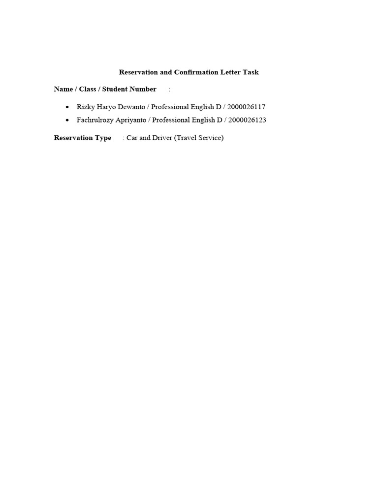 Reservation and Confirmation Letter Task (Mau Done) | PDF | Transport ...