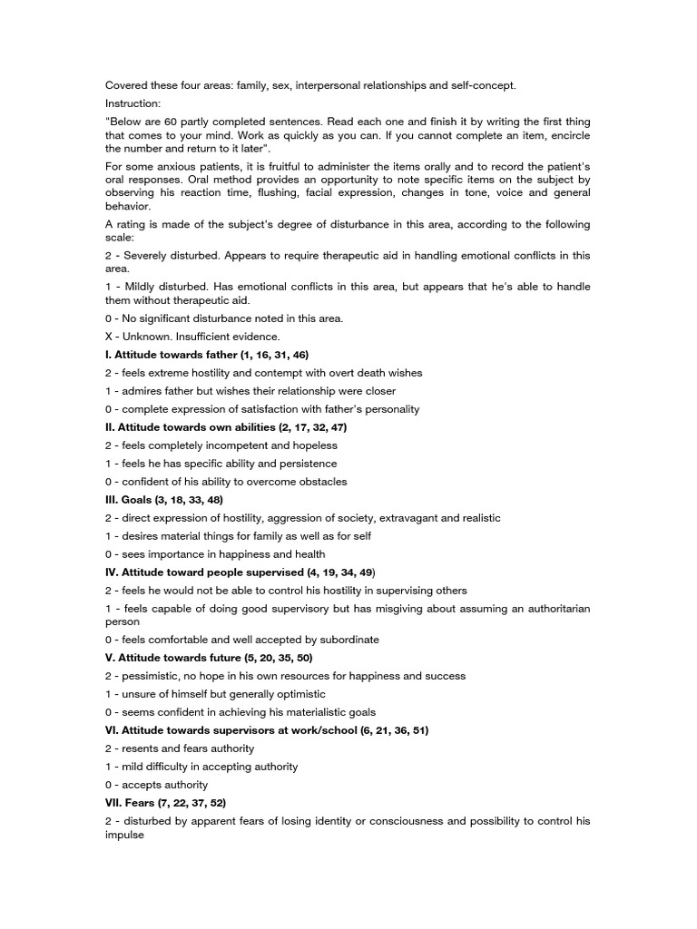 Sack Sentence Completion Scoring And Interpretation Pdf Attitude